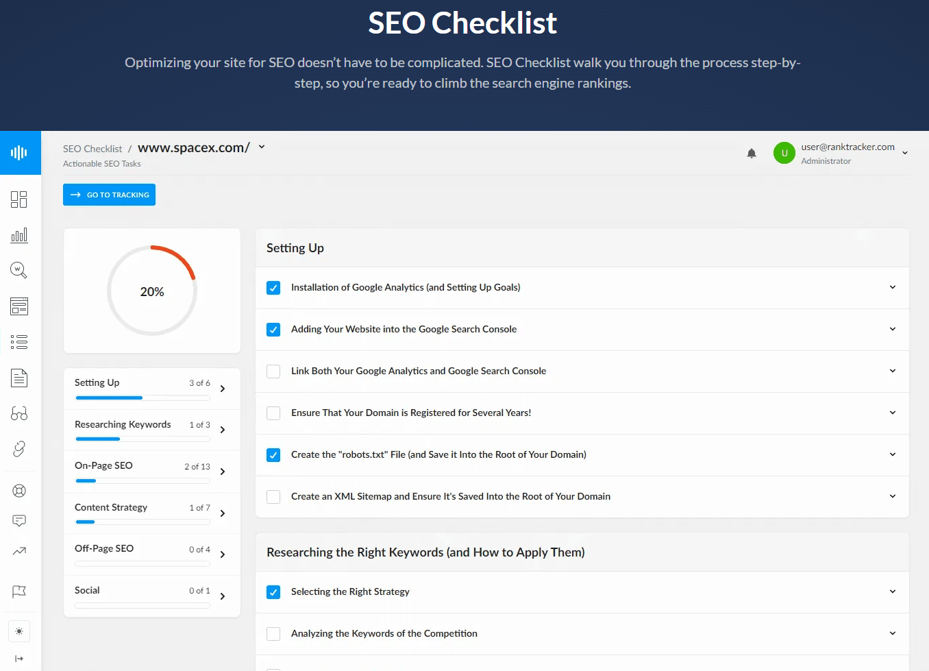 Ranktracker Toolkit SEO Checklist